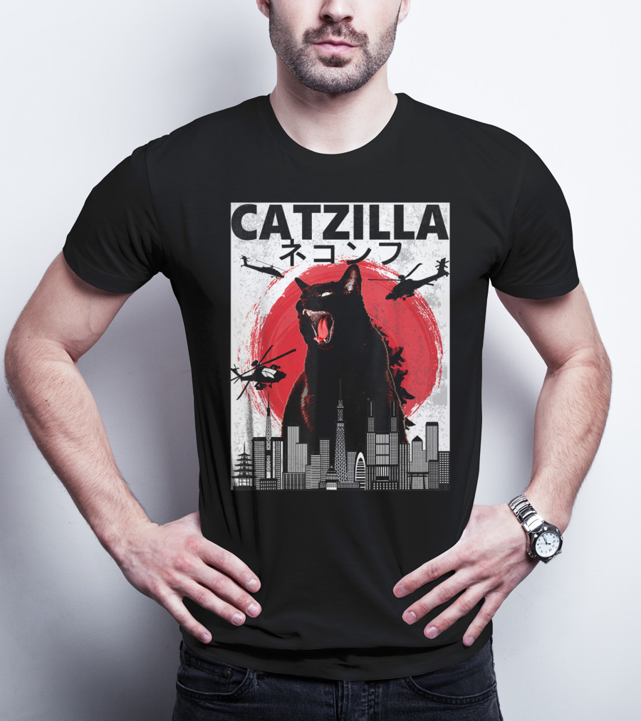 Catzilla Japanese Sunset Helicopters Cityscape Skyscraper Tower T-Shirt