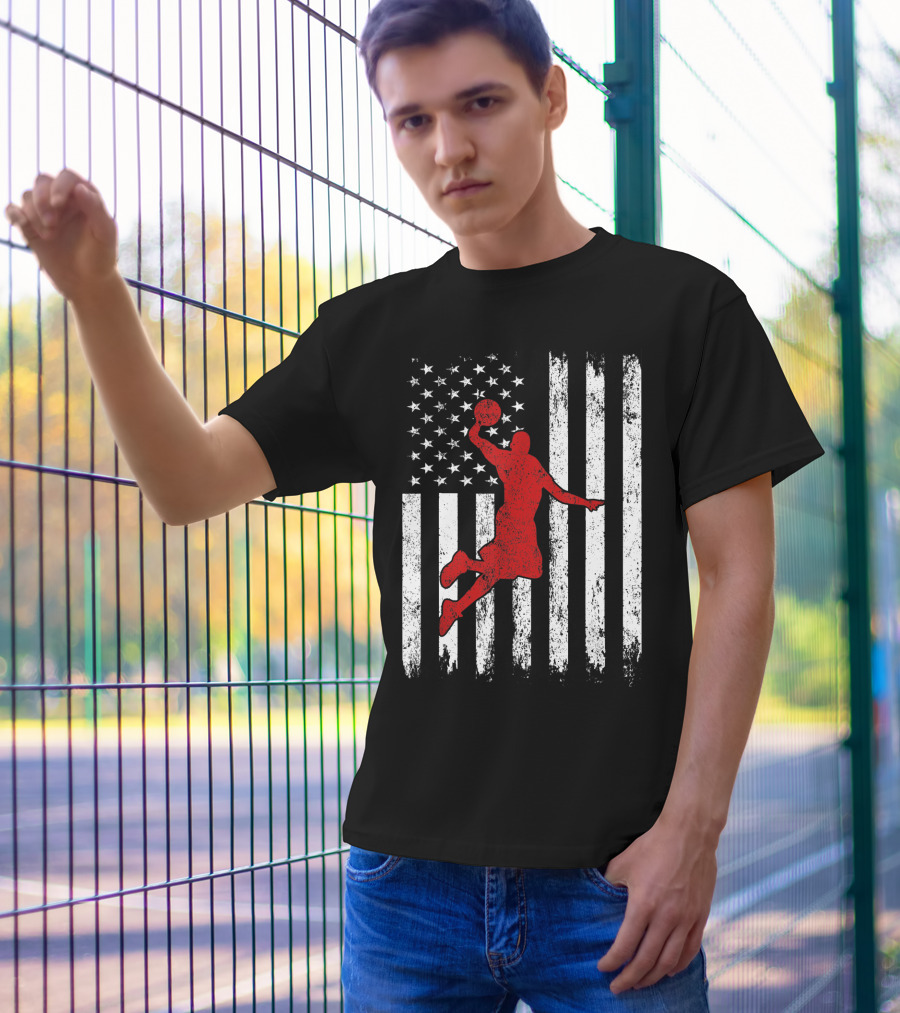 Proud American Basketball Vintage Flag Dunking T-Shirt