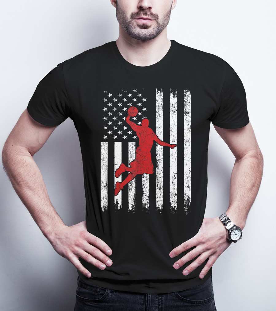Proud American Basketball Vintage Flag Dunking T-Shirt