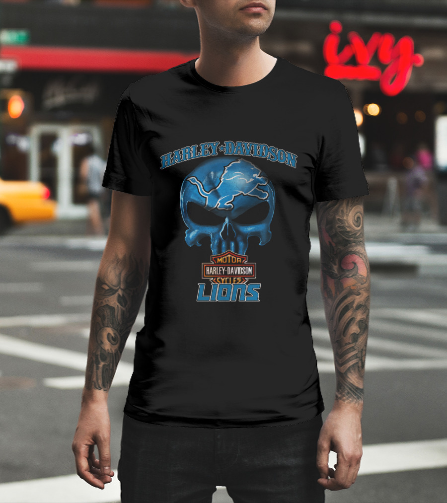 Harley Davidson Motor Cycles Lions Skull Detroit Nfl T-Shirt
