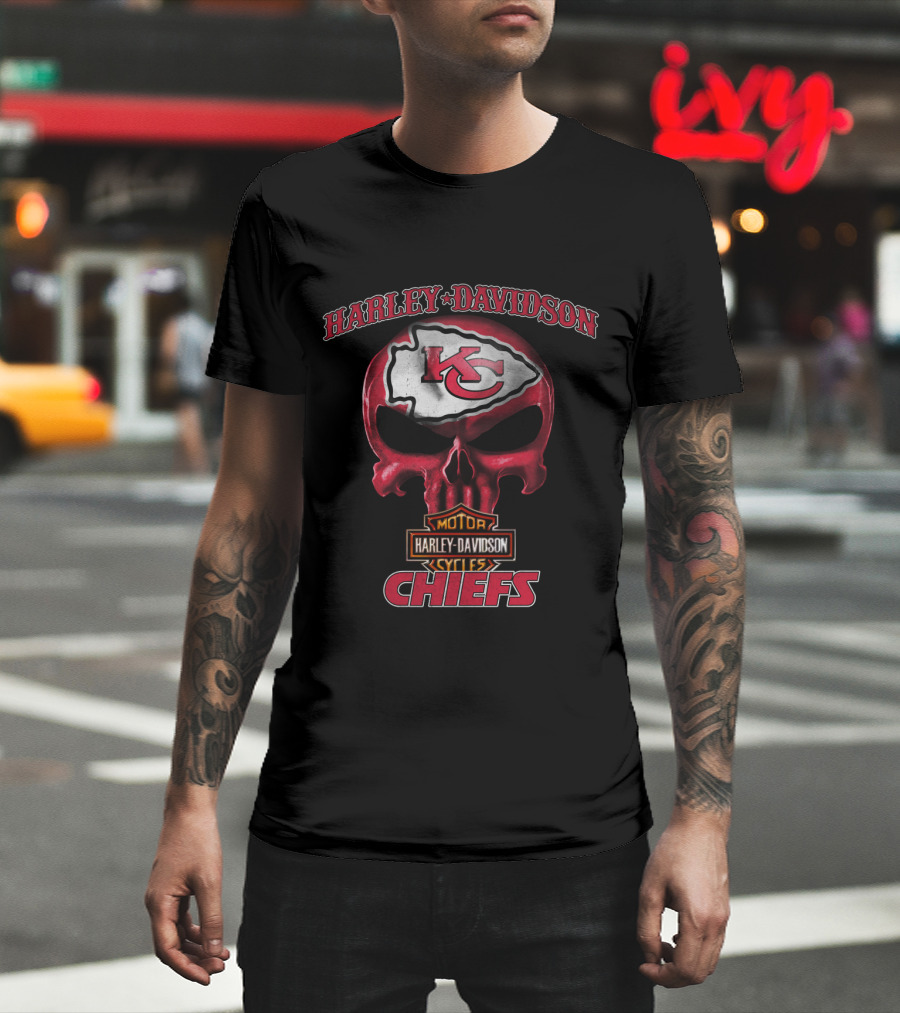 Harley Davidson Kansas City Chiefs Skull Hl Nfl Motor Cycles T-Shirt