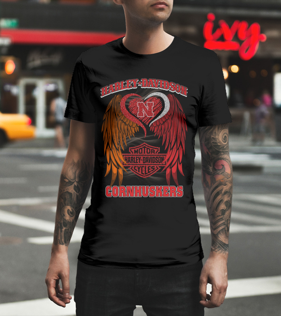 Harley Davidson Heart Wings Nebraska Cornhuskers Motorcycles T-Shirt