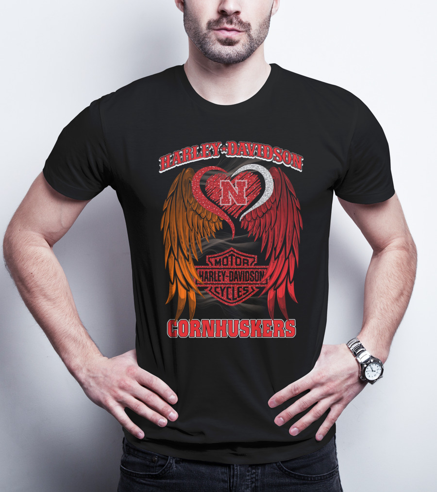 Harley Davidson Heart Wings Nebraska Cornhuskers Motorcycles T-Shirt