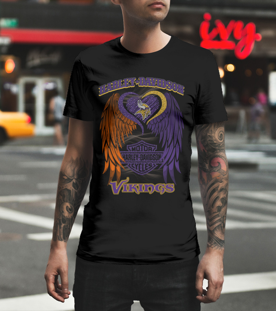 Harley Davidson Motor Cycles Minnesota Vikings Winged Heart T-Shirt