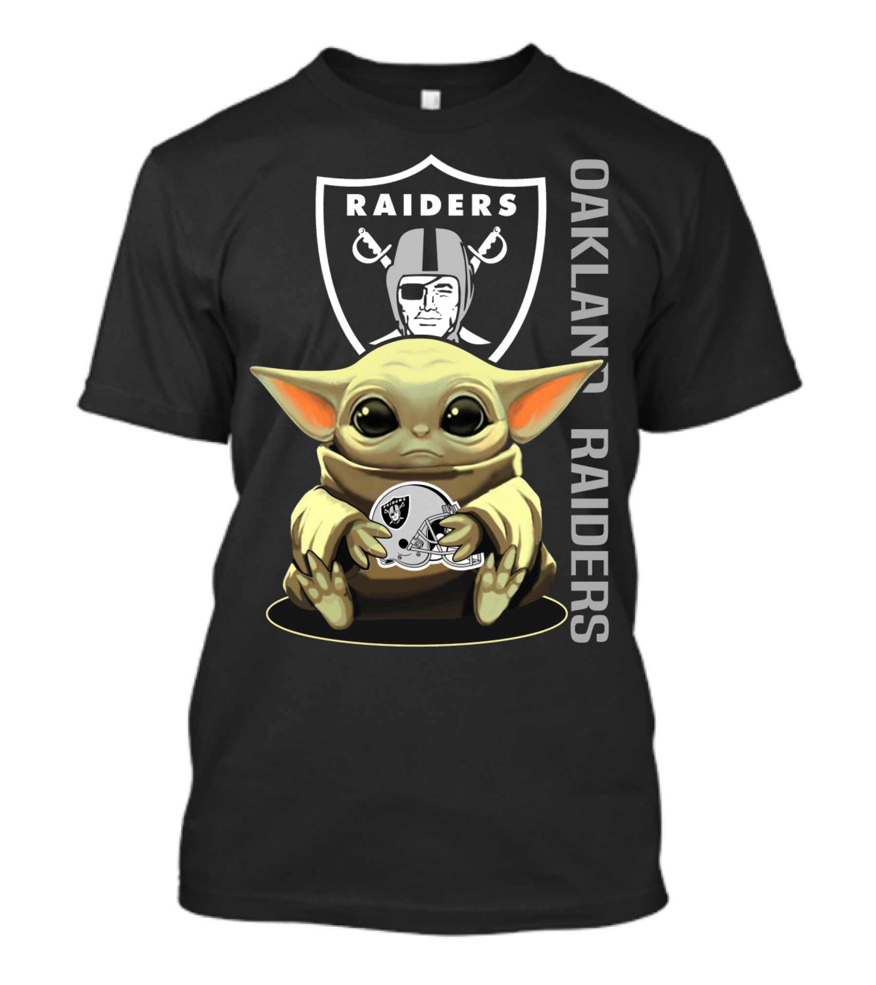 Baby Yoda Holding Oakland Raiders Helmet With Raiders Logo In Background T-Shirt
