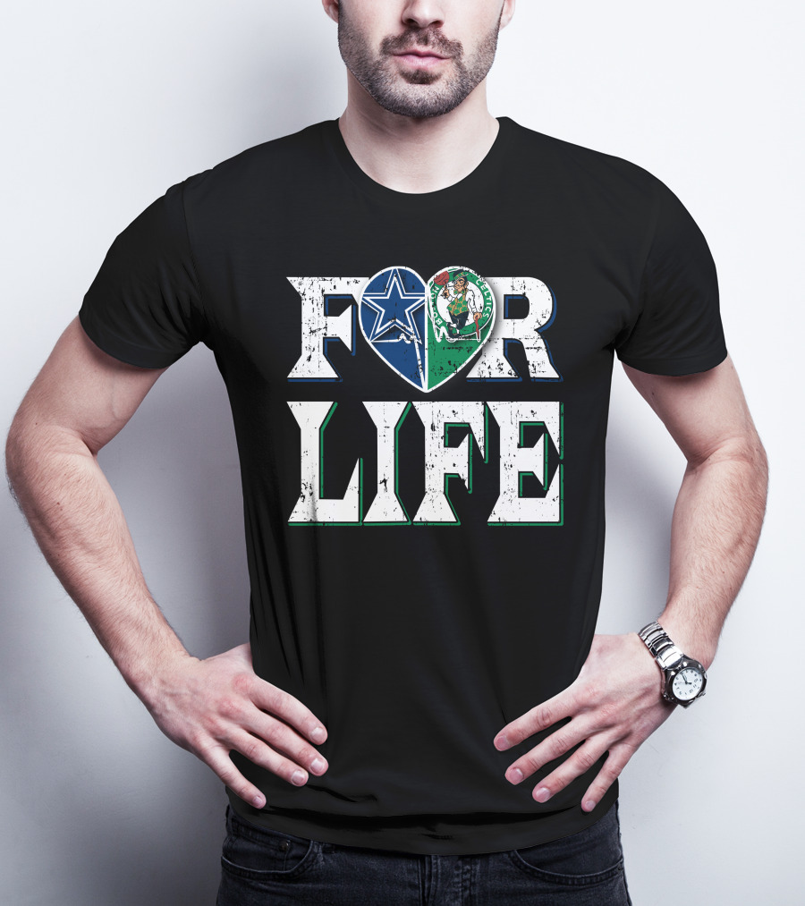 For Life Dallas Cowboys Boston Celtics Logo Heart T-Shirt