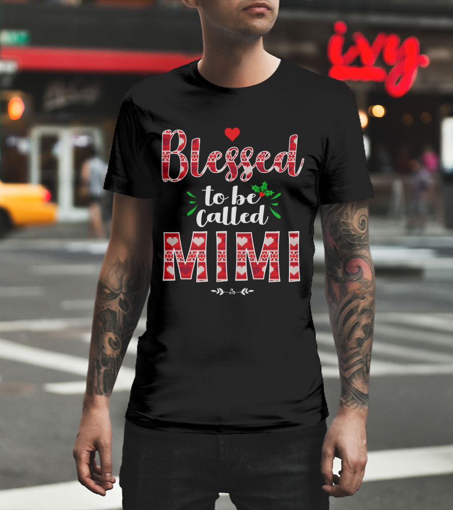 Blessed To Be Called Mimi Holiday Knit Pattern Heart And Holly T-Shirt