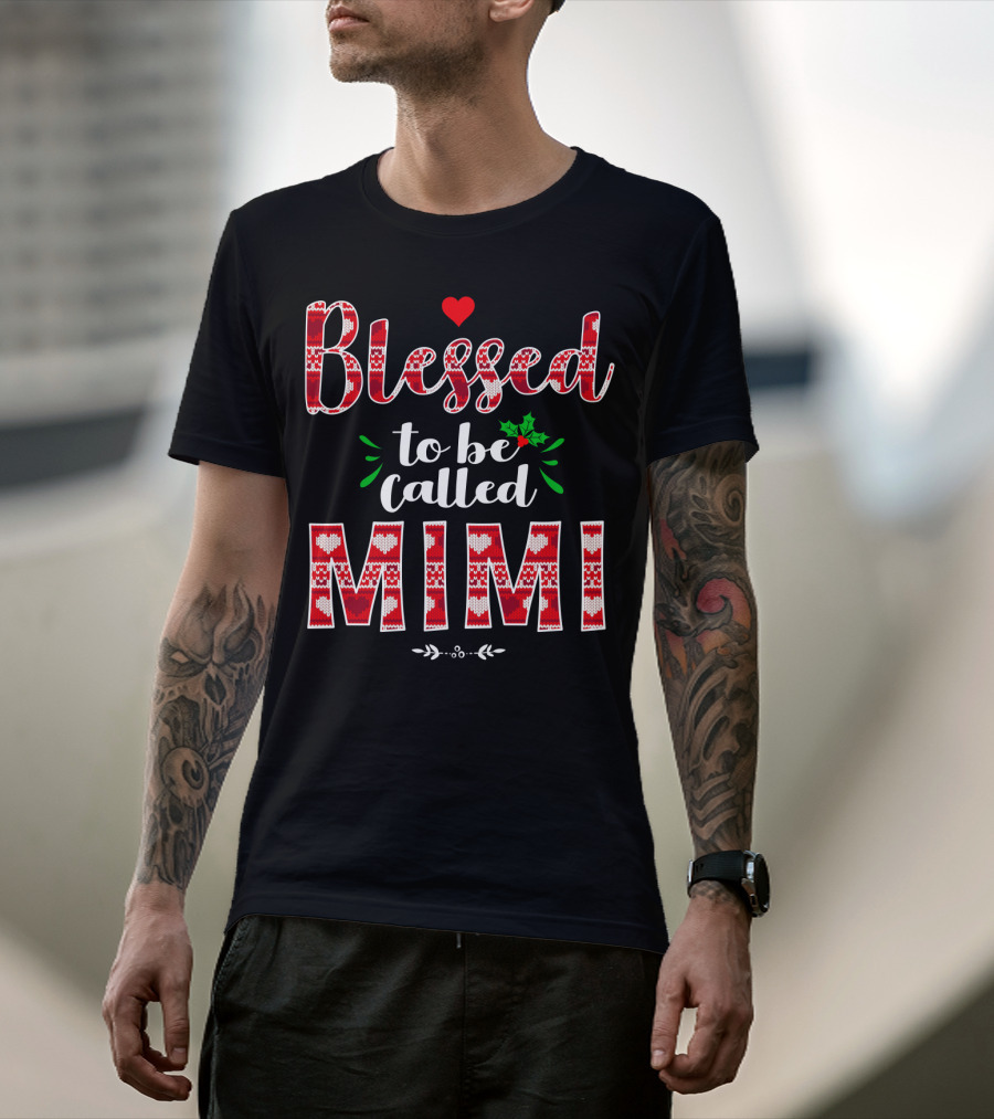 Blessed To Be Called Mimi Holiday Knit Pattern Heart And Holly T-Shirt