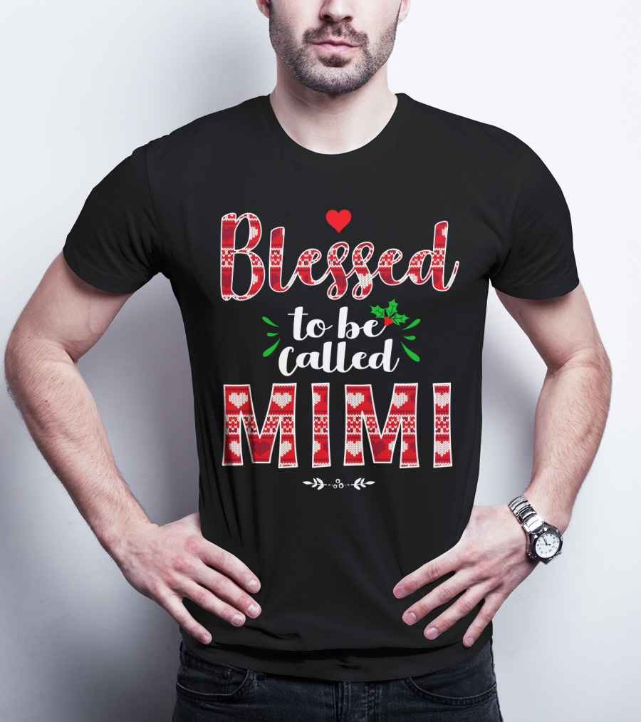Blessed To Be Called Mimi Holiday Knit Pattern Heart And Holly T-Shirt