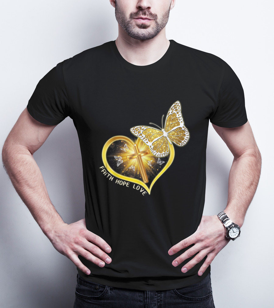 Faith Hope Love Butterfly Heart Christian Cross Jesus T-Shirt