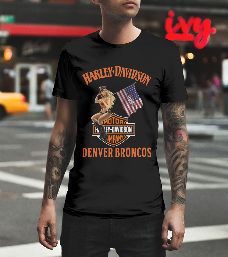 Harley Davidson Denver Broncos Nfl Flag And Pin-Up Girl T-Shirt