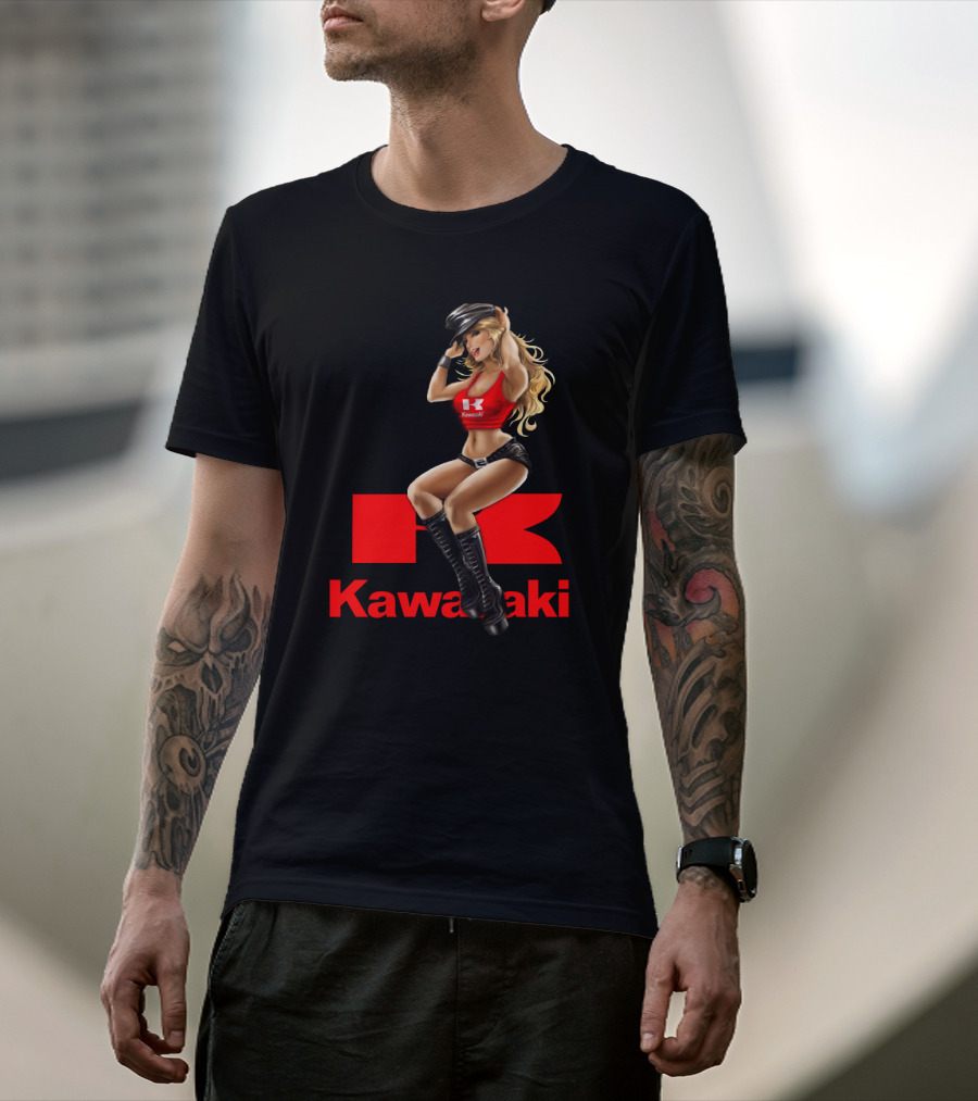 Kawasaki Girl In Red And Black Outfit With Cap And Boots T-Shirt