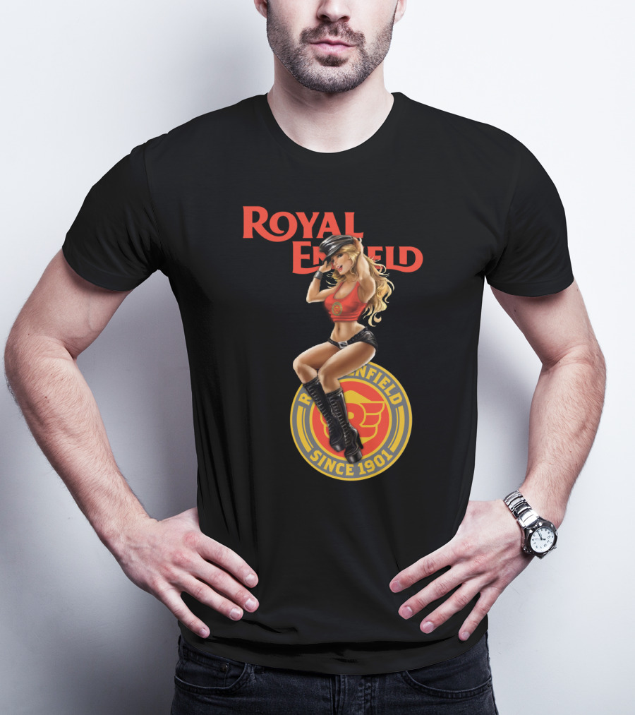 Royal Enfield Since 1901 With Pin-Up Girl In Red Top T-Shirt