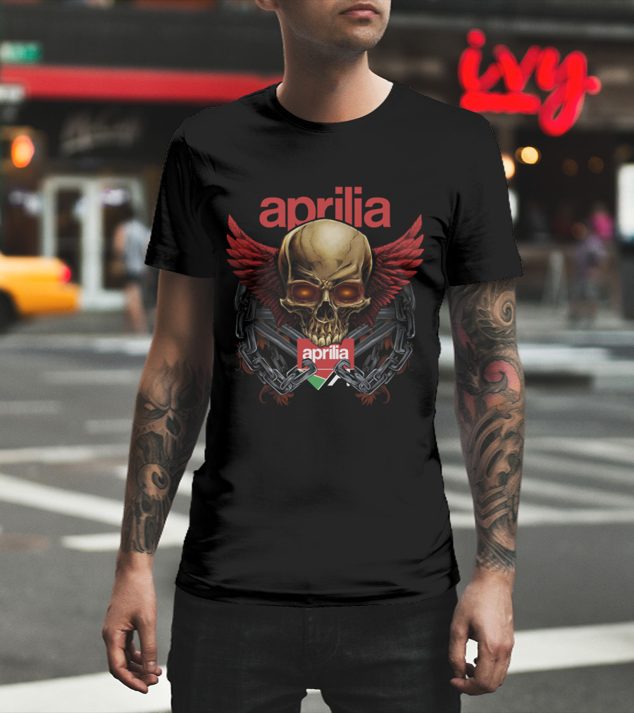 Aprilia Skull With Red Wings And Chains T-Shirt