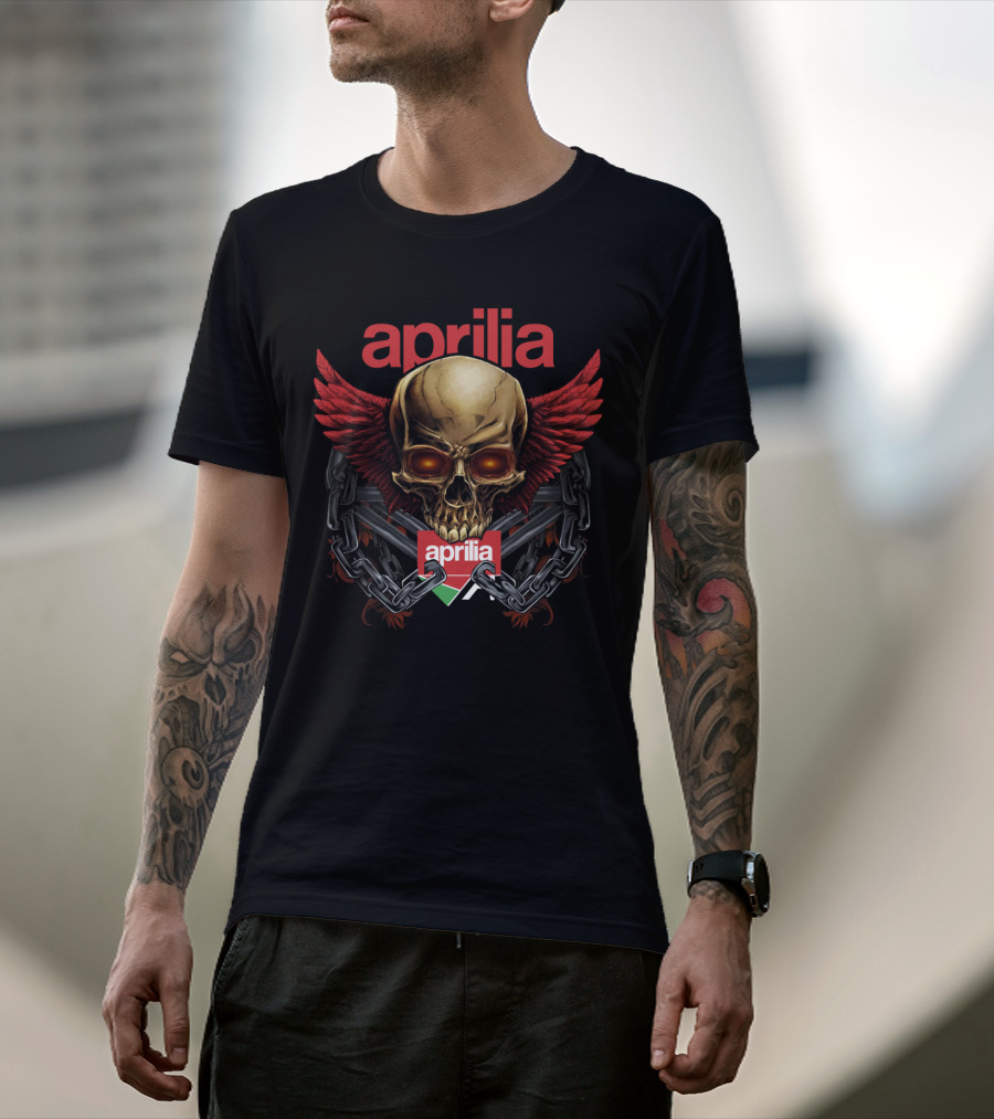 Aprilia Skull With Red Wings And Chains T-Shirt
