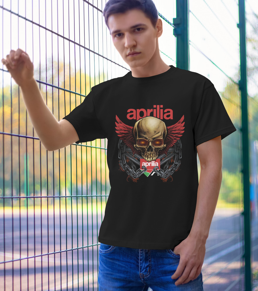 Aprilia Skull With Red Wings And Chains T-Shirt