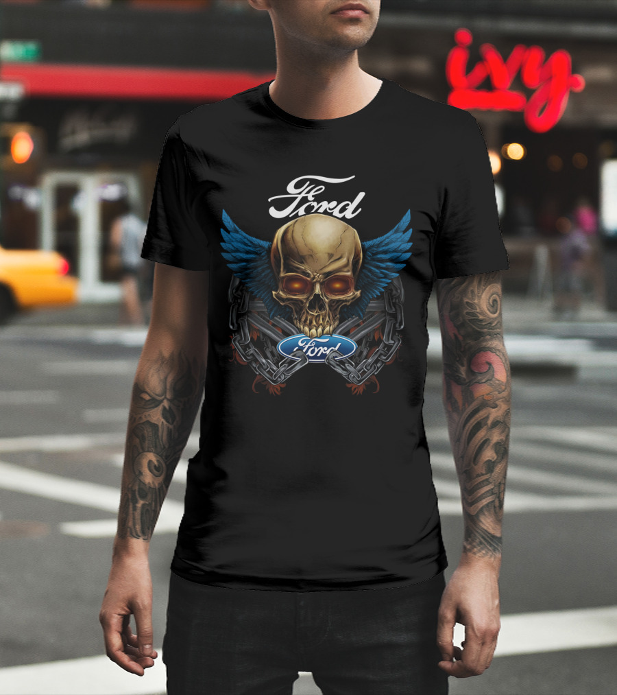 Ford Skull Wings Chains Logo Blue Theme T-Shirt
