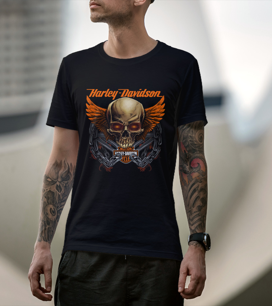 Harley Davidson Skull Wings And Chains Motorcycle Cycle T-Shirt