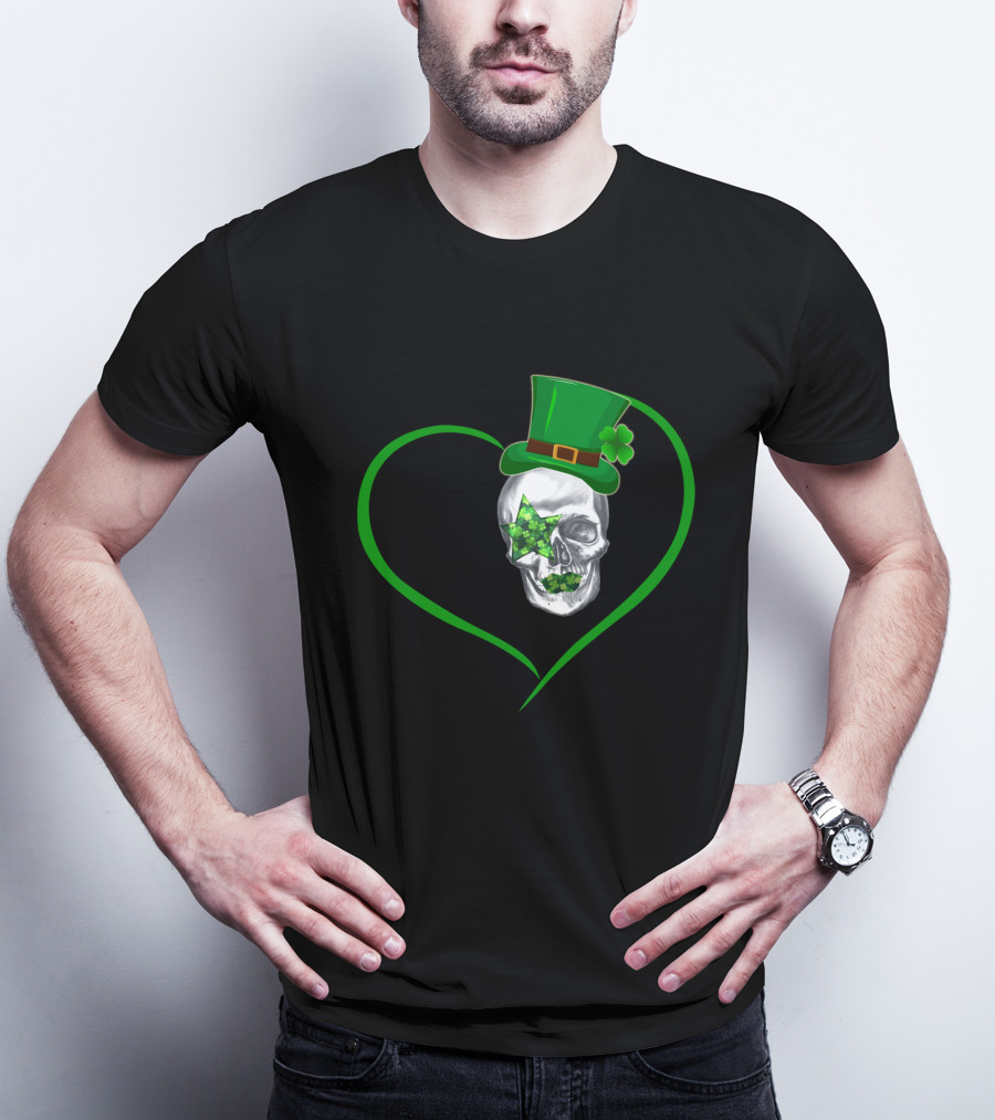 Kiss 02 Skull With Shamrock Star And Green Top Hat Inside Heart Shape T-Shirt
