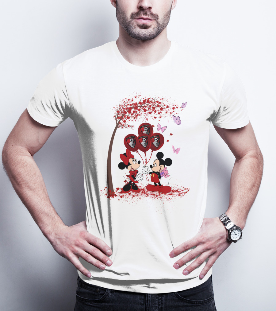 DH 29 Premier League AFC Bournemouth Mickey Minnie Balloons Tree Butterflies T-Shirt