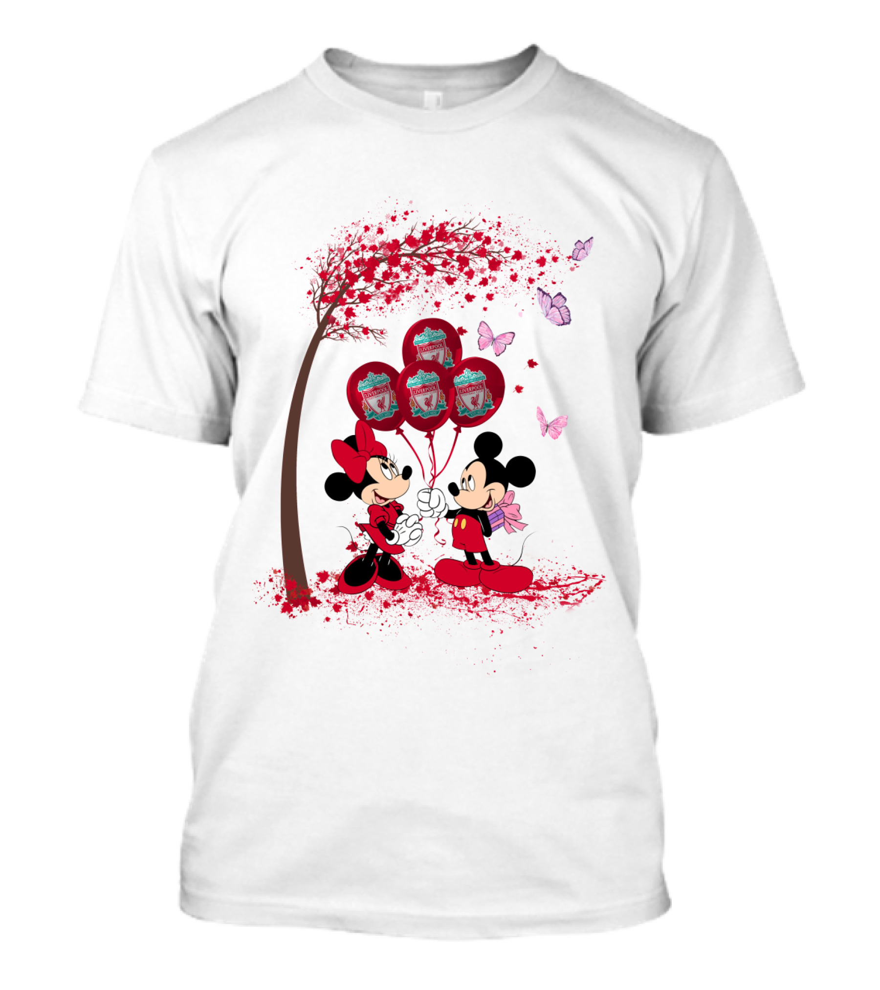 Mickey Minnie Holding Liverpool FC Balloons Under Blossoming Tree With Butterflies T-Shirt
