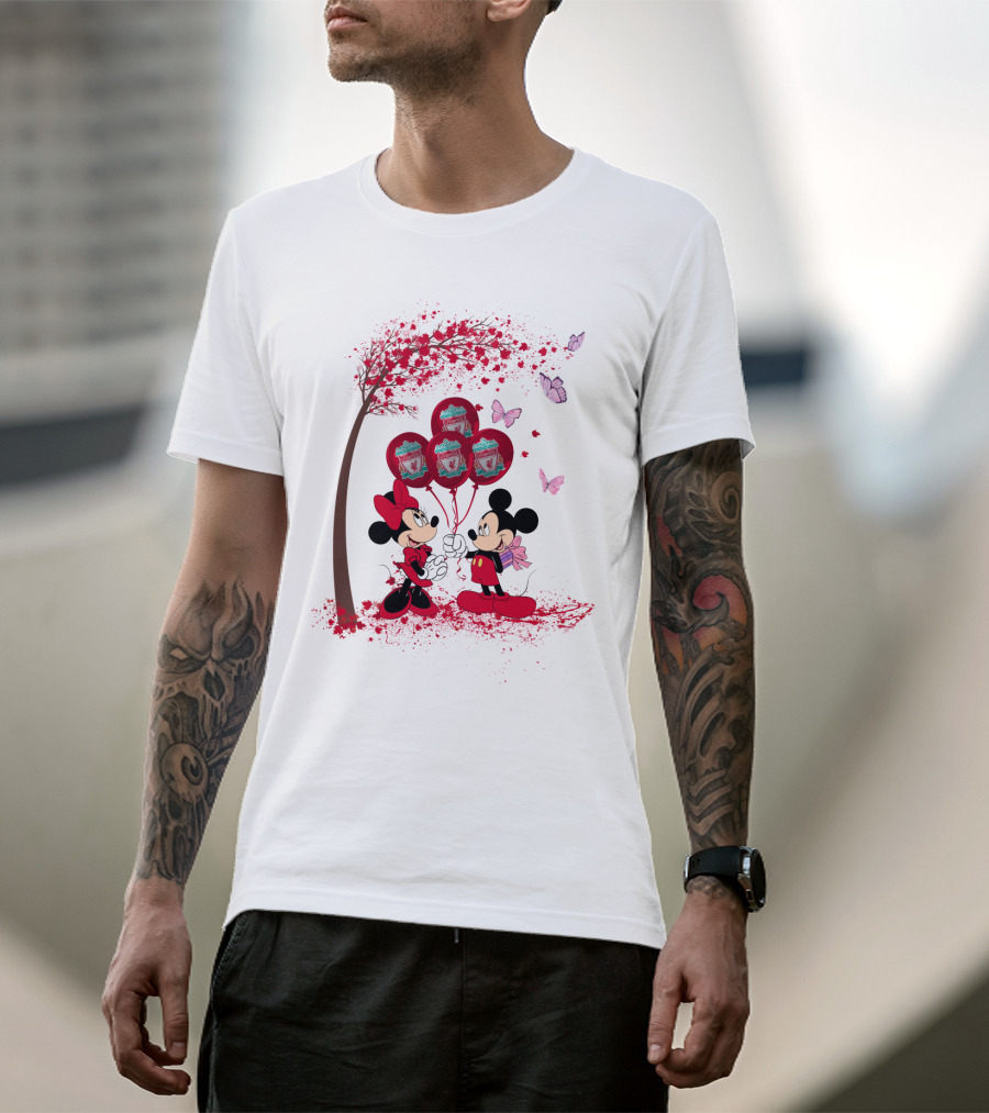 Mickey Minnie Holding Liverpool FC Balloons Under Blossoming Tree With Butterflies T-Shirt