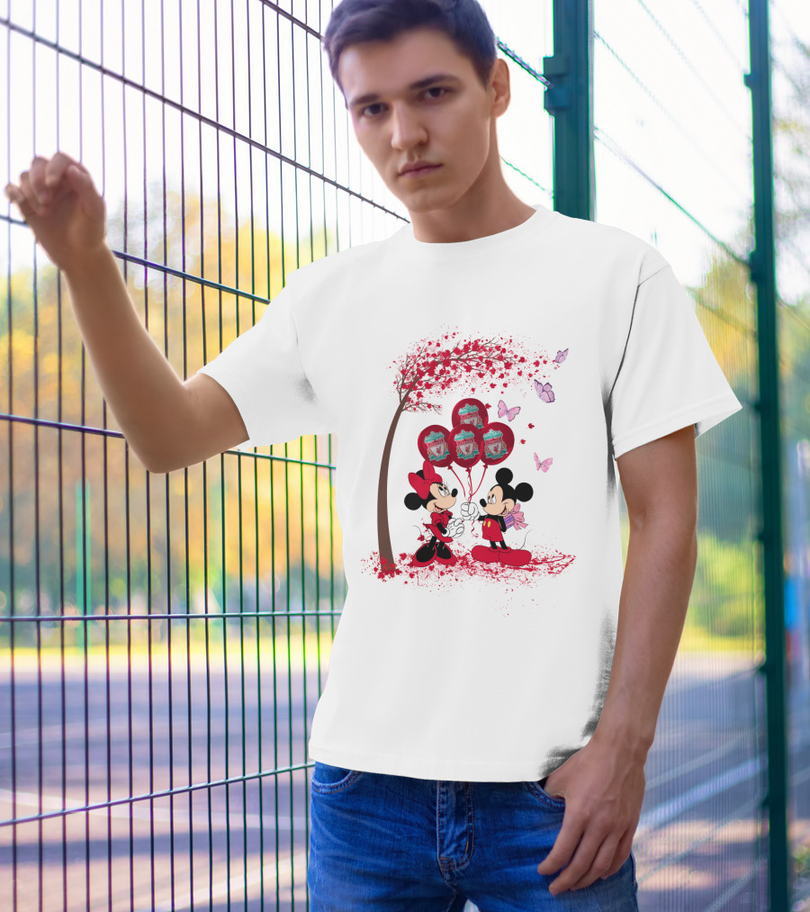 Mickey Minnie Holding Liverpool FC Balloons Under Blossoming Tree With Butterflies T-Shirt