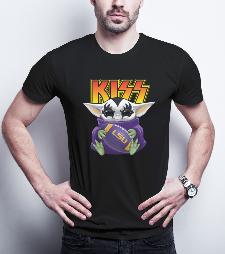 KISS Baby Yoda Holding LSU Tigers Football T-Shirt