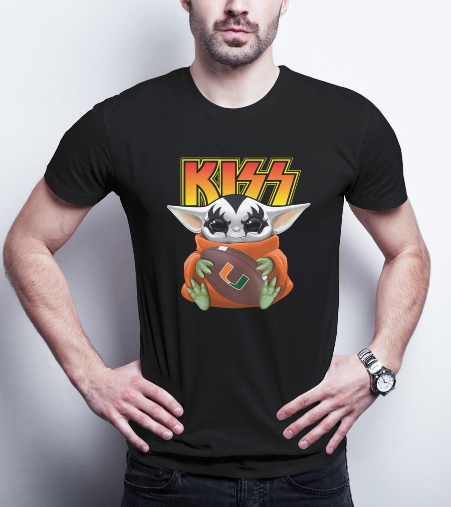 Kiss Baby Yoda Miami Hurricanes Football T-Shirt