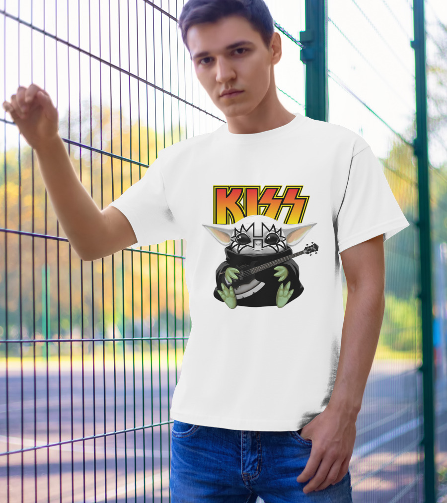 KISS Baby Yoda With Guitar In Tommy Thayer Makeup T-Shirt