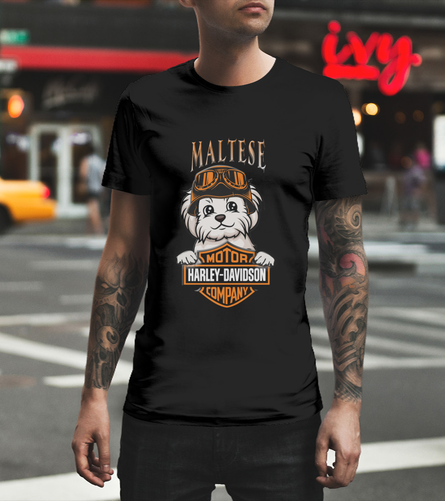 Maltese Harley Davidson Motor Company Dog With Goggles T-Shirt