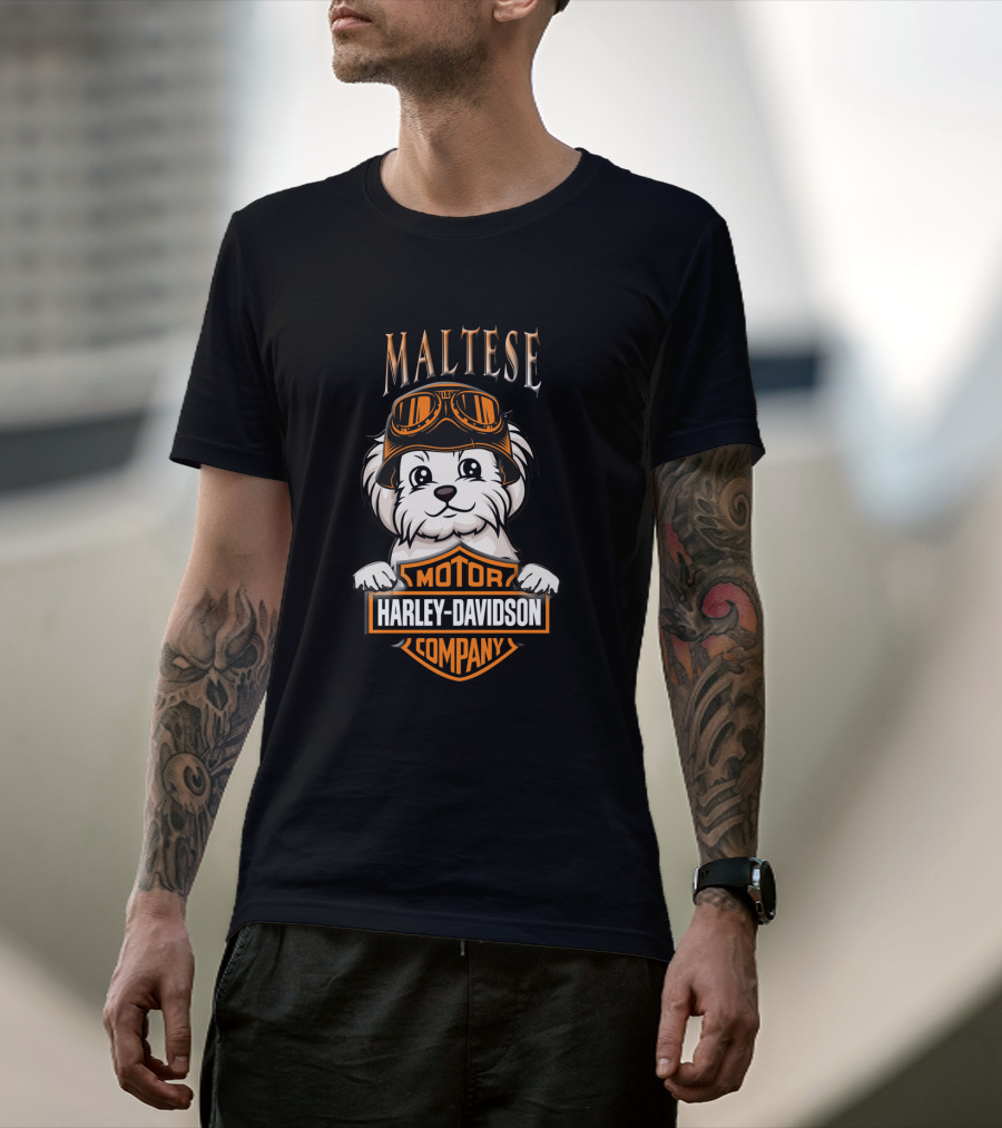 Maltese Harley Davidson Motor Company Dog With Goggles T-Shirt