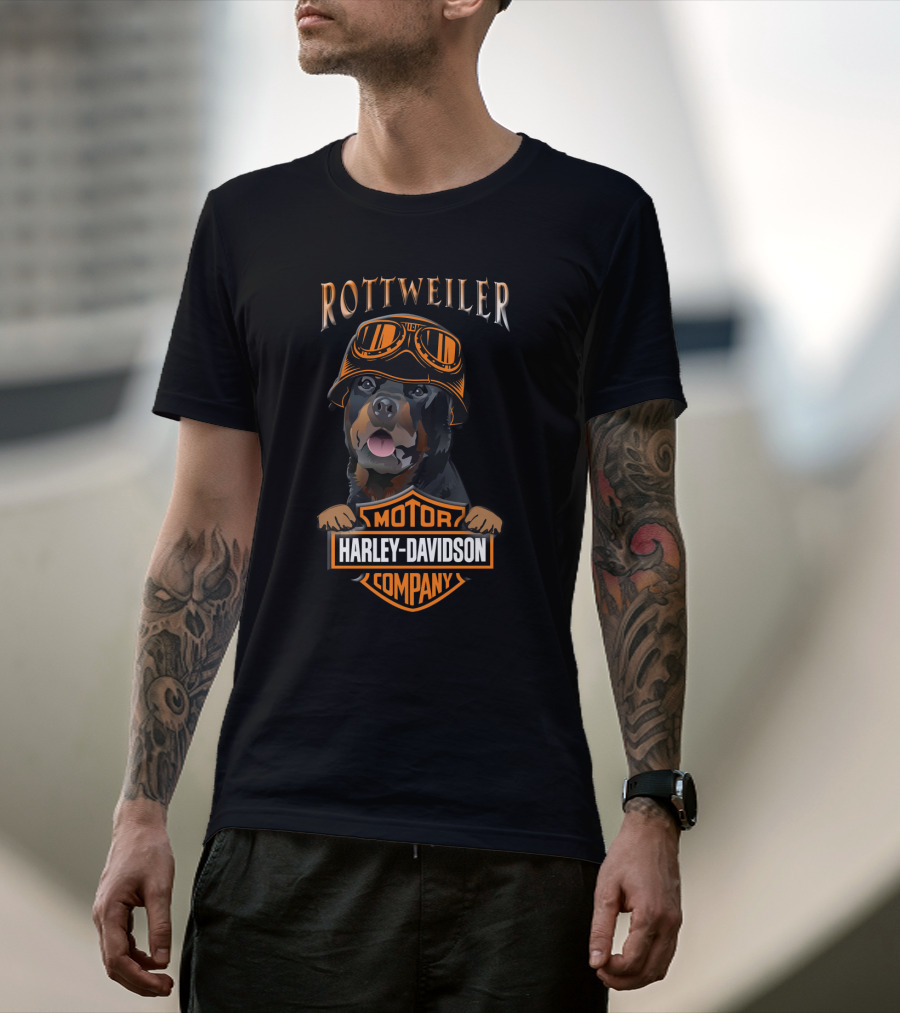 Rottweilers Harley Davidson Motorcycle Company Logo With Helmeted Dog T-Shirt