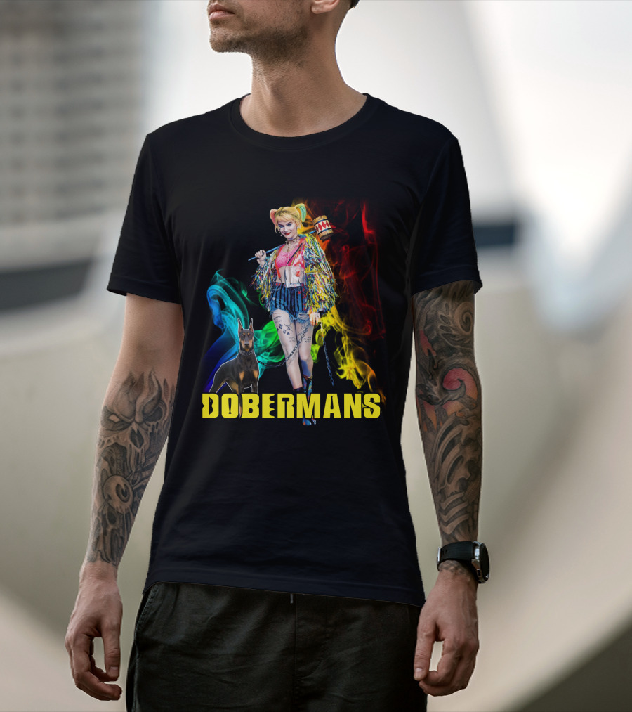 Harley Quinn Dobermans Colorful Character With Mallet And Dog T-Shirt