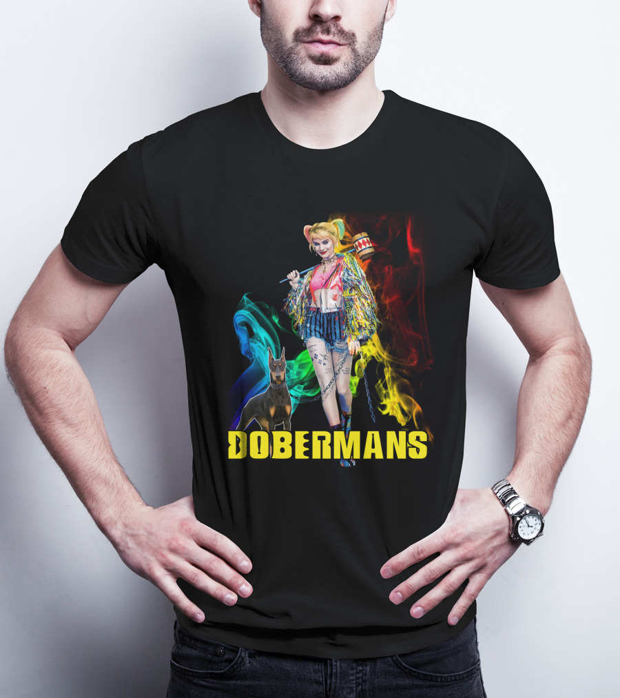 Harley Quinn Dobermans Colorful Character With Mallet And Dog T-Shirt
