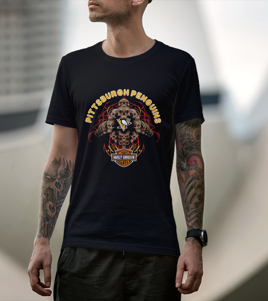 Pittsburgh Penguins Harley Davidson Skull Flames T-Shirt