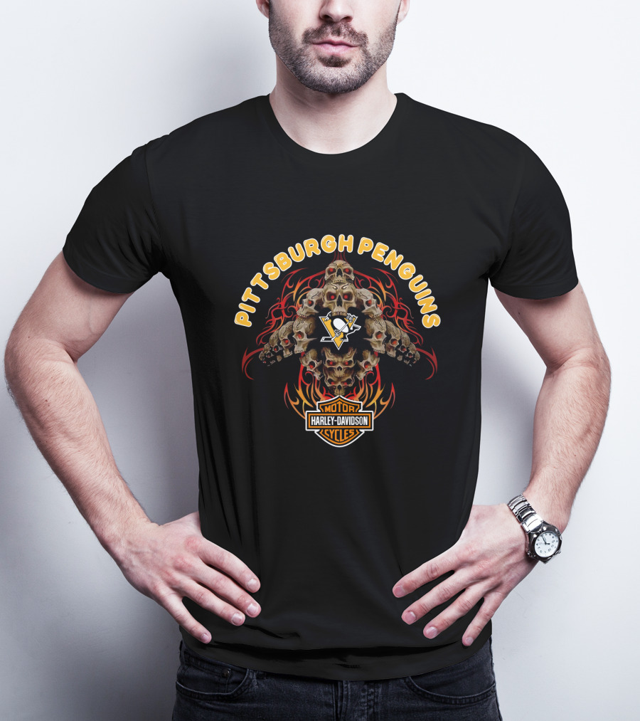 Pittsburgh Penguins Harley Davidson Skull Flames T-Shirt