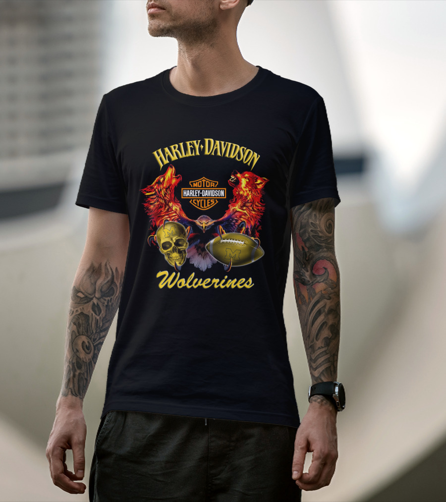 Harley Davidson Motorcycles Wolverines Football Skull T-Shirt