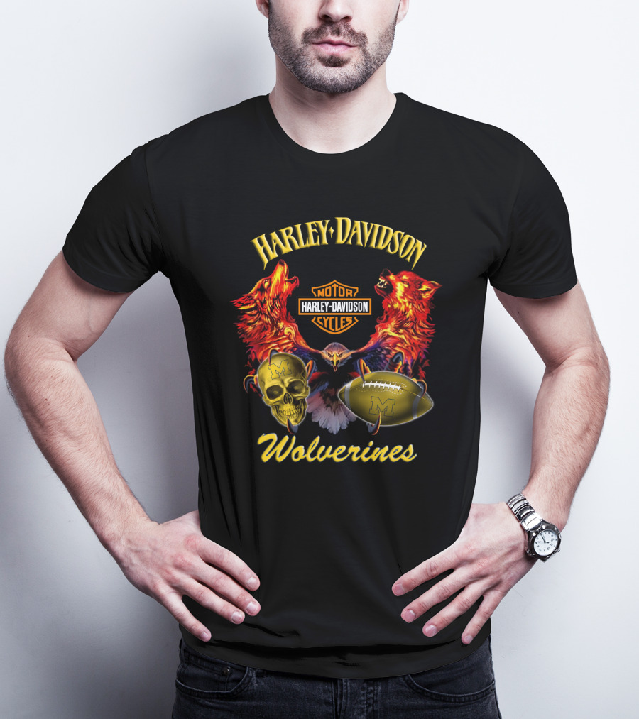 Harley Davidson Motorcycles Wolverines Football Skull T-Shirt