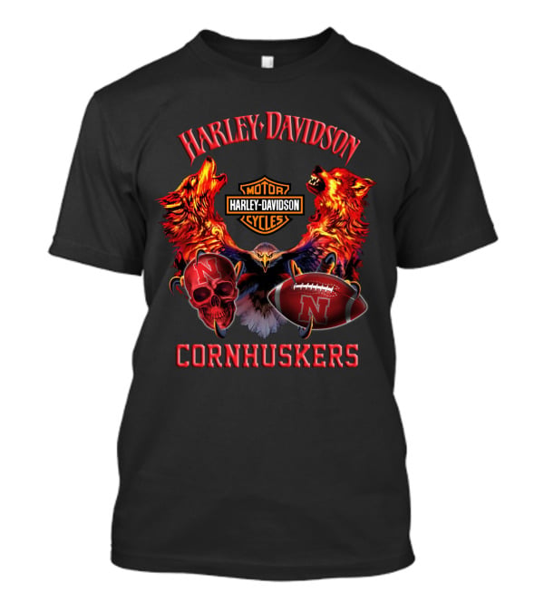 Harley Davidson Nebraska Cornhuskers Football Skull Wolves T-Shirt