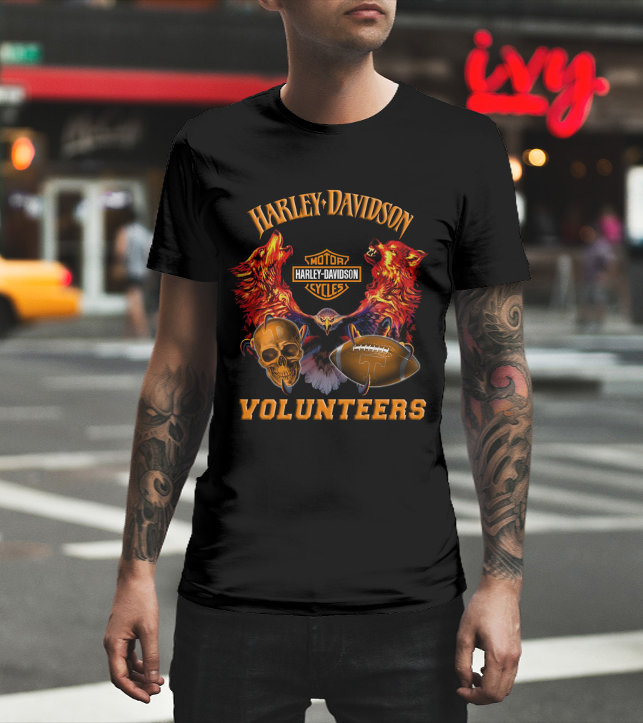 Harley Davidson Motor Cycles Tennessee Volunteers Wolves Skull Football T-Shirt