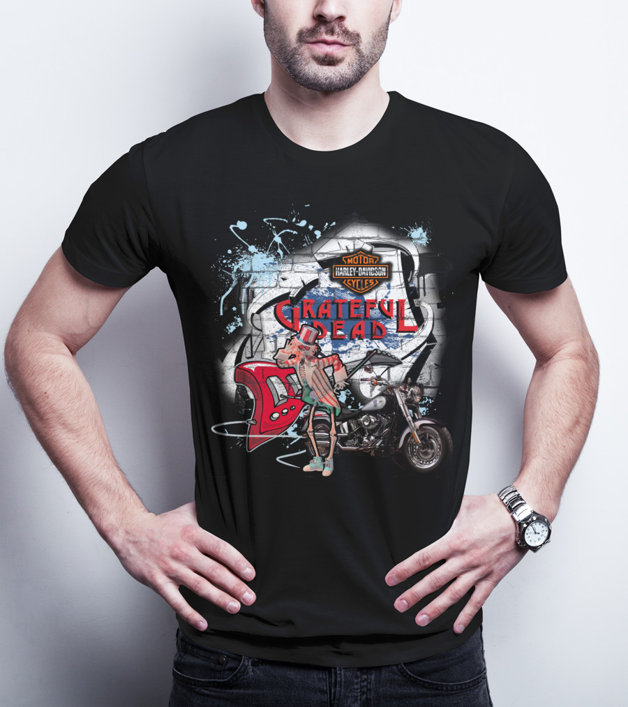 Grateful Dead Harley Davidson Motorcycle Skeleton With Guitar T-Shirt
