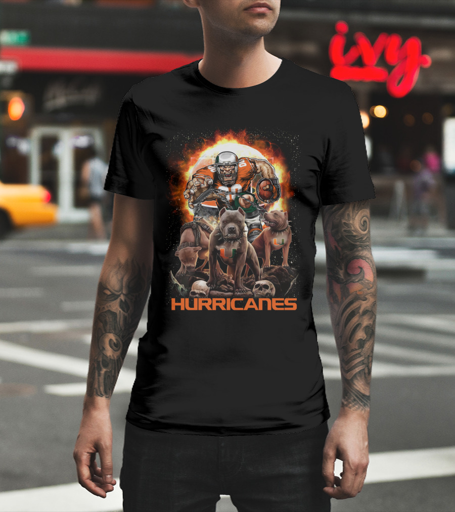 Hurricanes Dh 49 Miami Football Dogs And Skull Action Scene T-Shirt