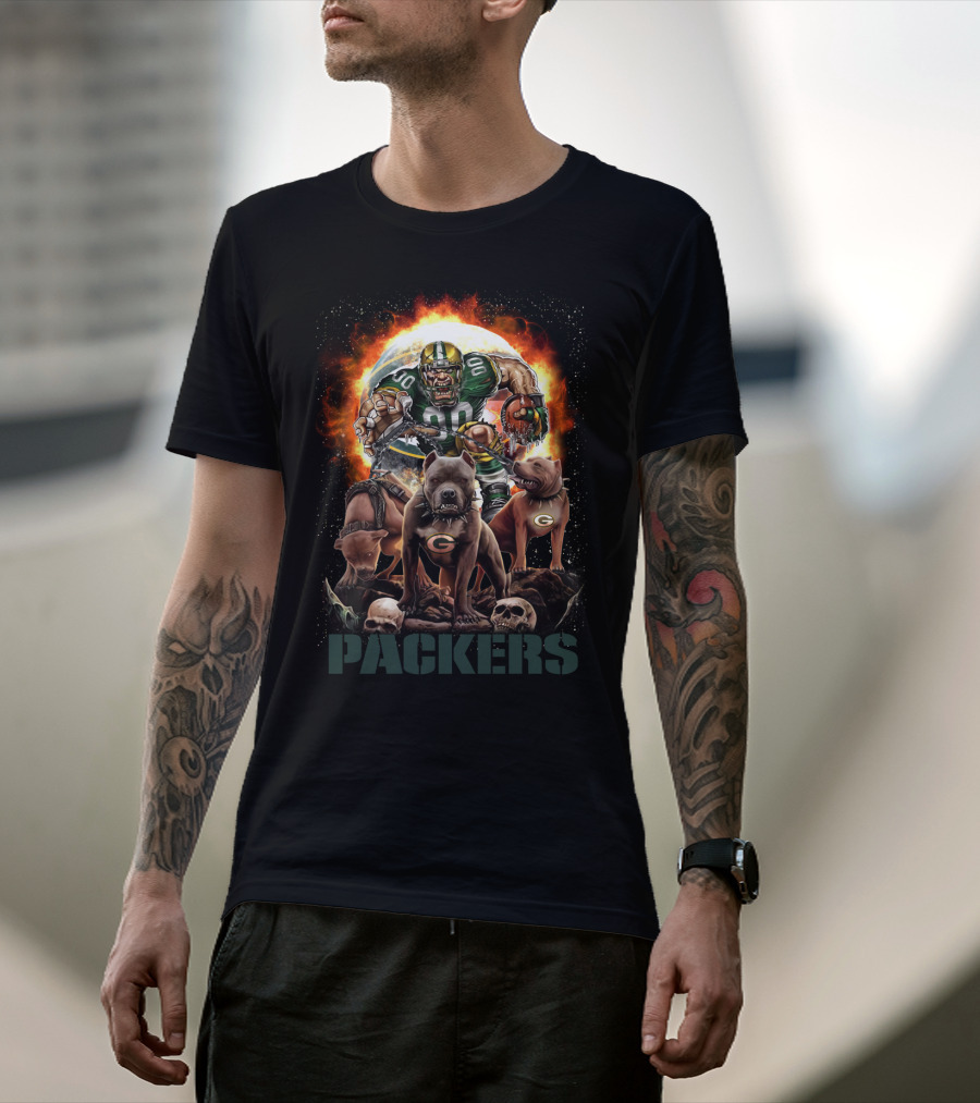 Packers Fierce Football Warrior With Dogs And Flaming T-Shirt