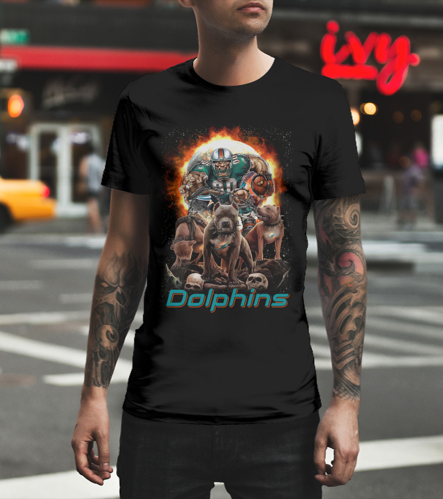 Miami Dolphins Dh 49 Md Comic Style Power Play With Dogs And Football T-Shirt