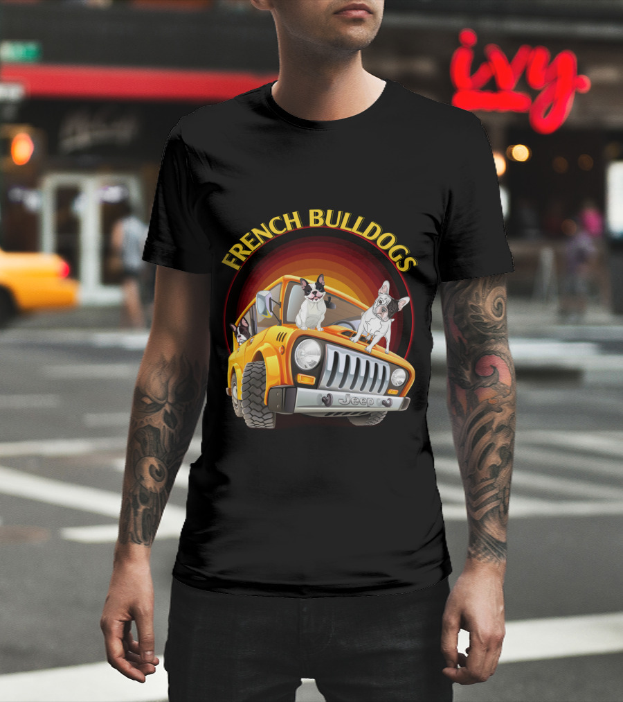 French Bulldogs In Orange Jeep T-Shirt
