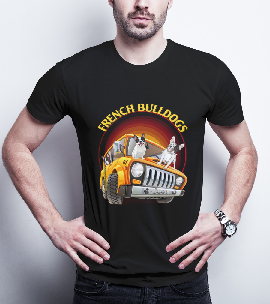 French Bulldogs In Orange Jeep T-Shirt