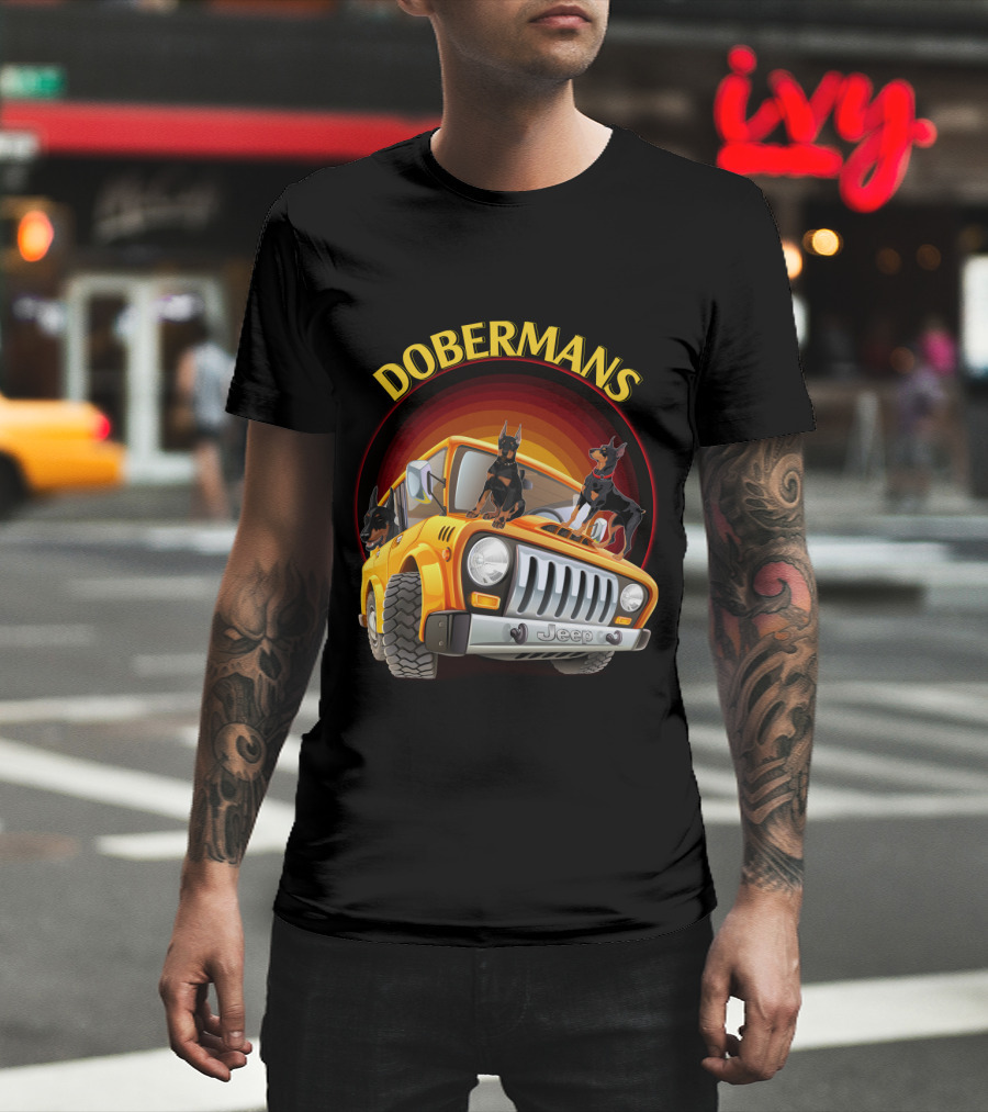 Dobermans Riding Yellow Jeep Adventure T-Shirt