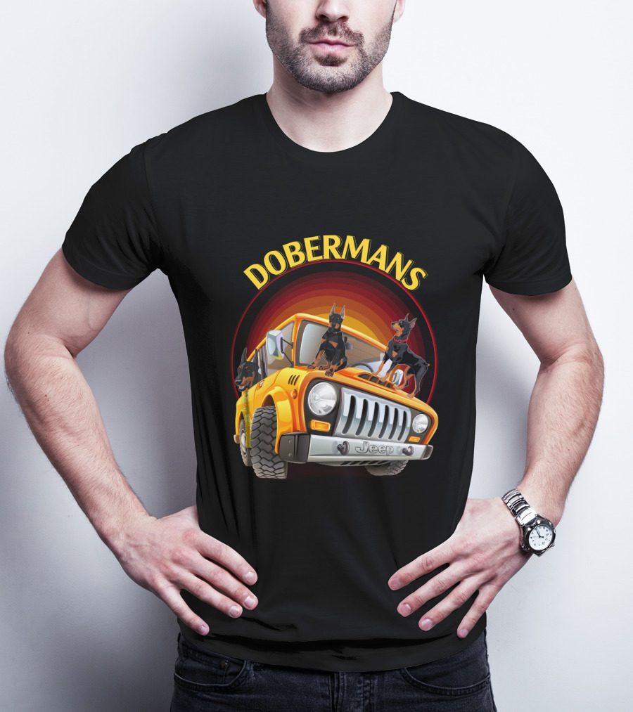 Dobermans Riding Yellow Jeep Adventure T-Shirt