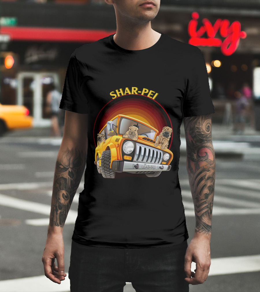 Shar-Pei Jeep Orange With Three Puppies T-Shirt